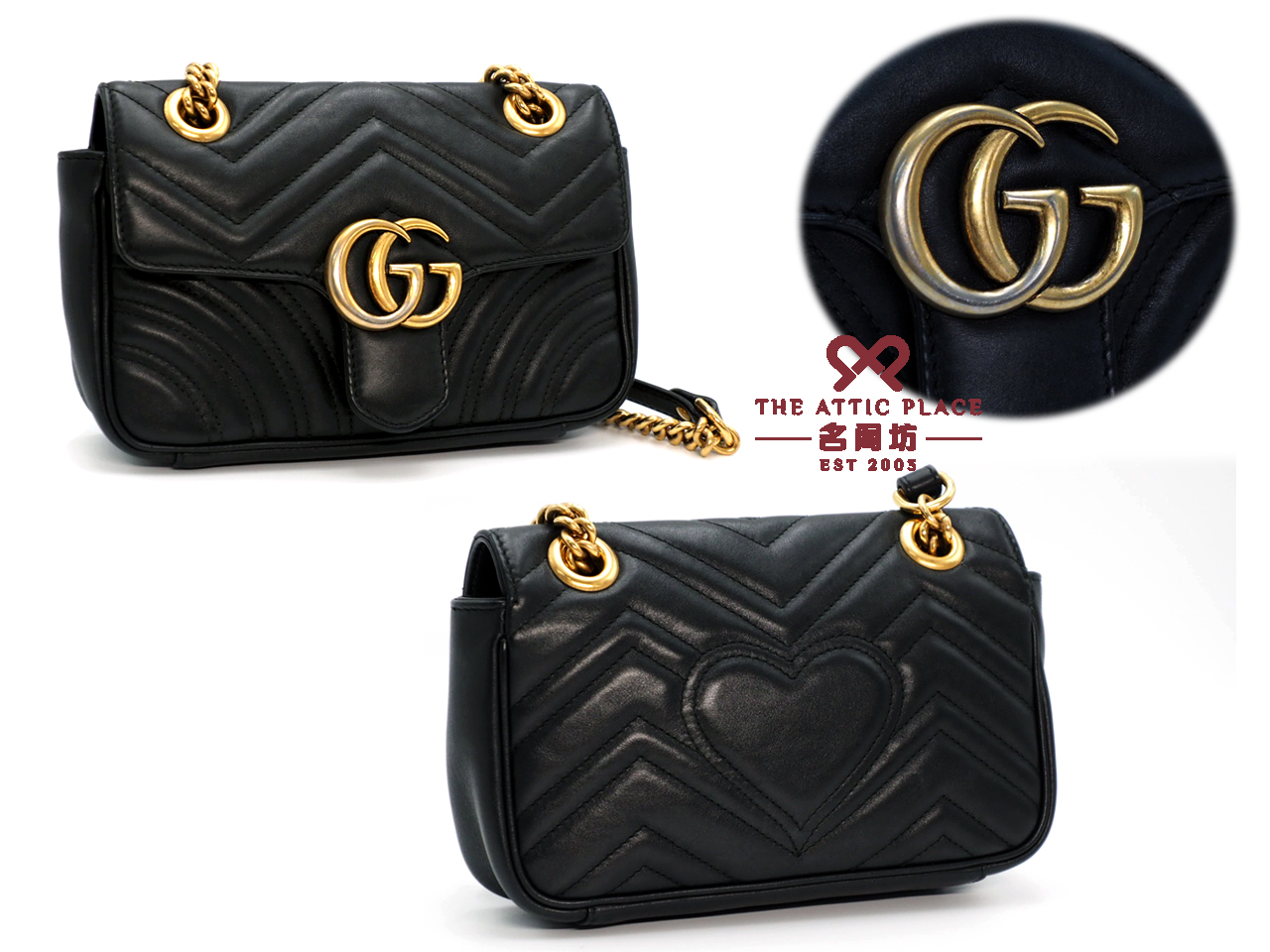 Gucci 446744 Black Leather GG Marmont Matelasse mini bag - The Attic Place