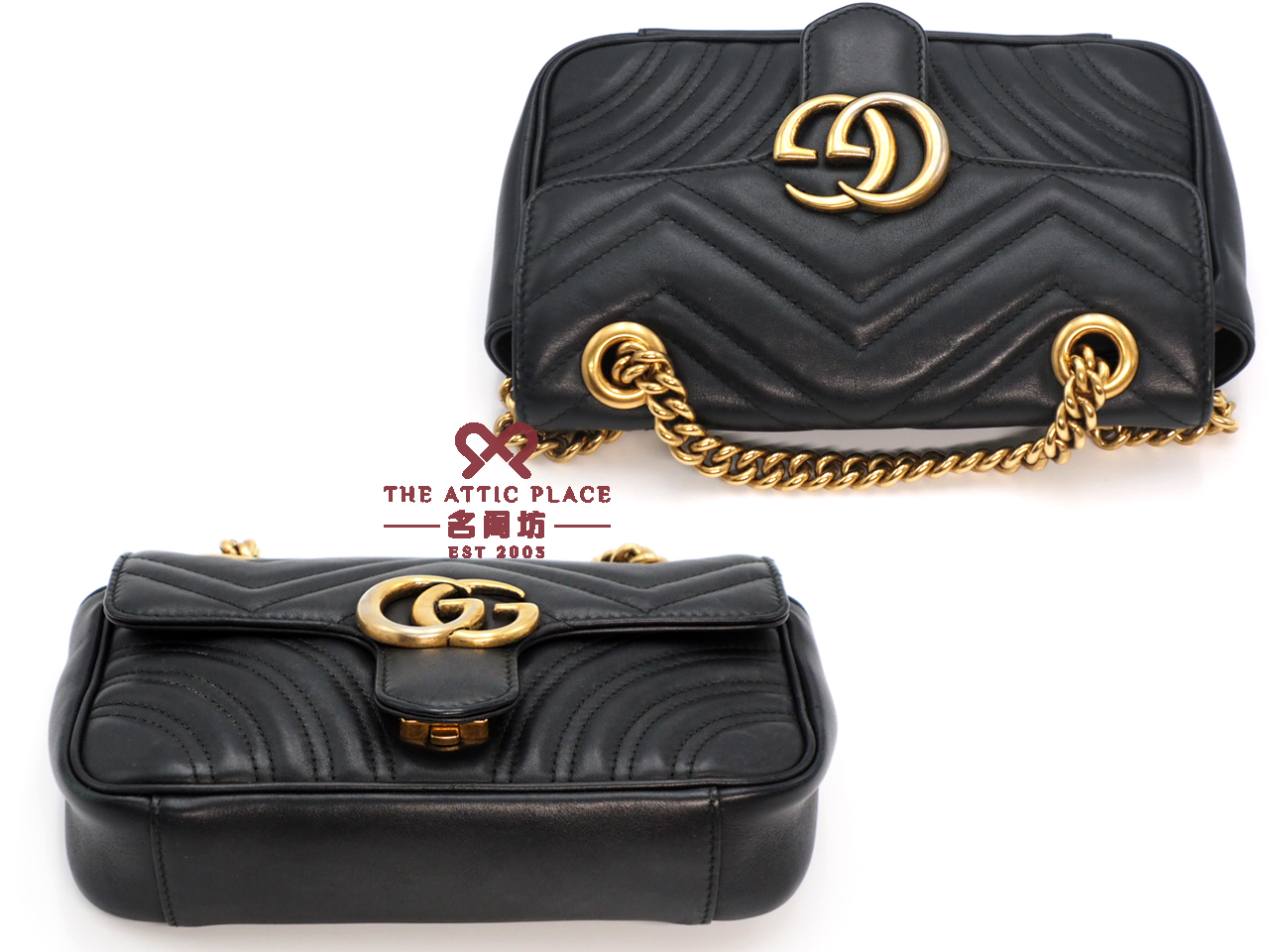 Gucci 446744 Black Leather GG Marmont Matelasse mini bag - The Attic Place