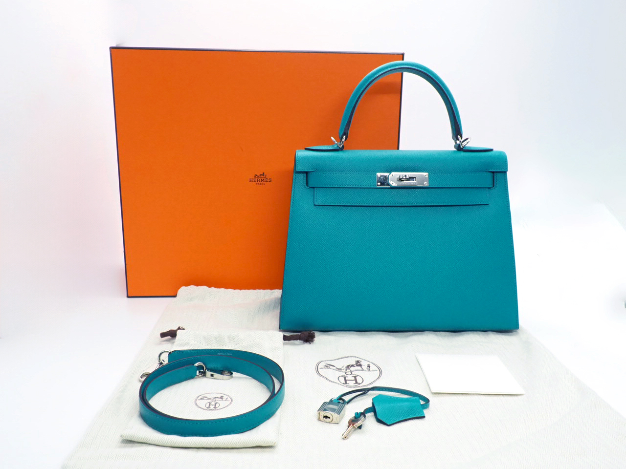 Hermes Kelly 28 Sellier Teal Epsom Leather X Stamp Palladium Hardware ...